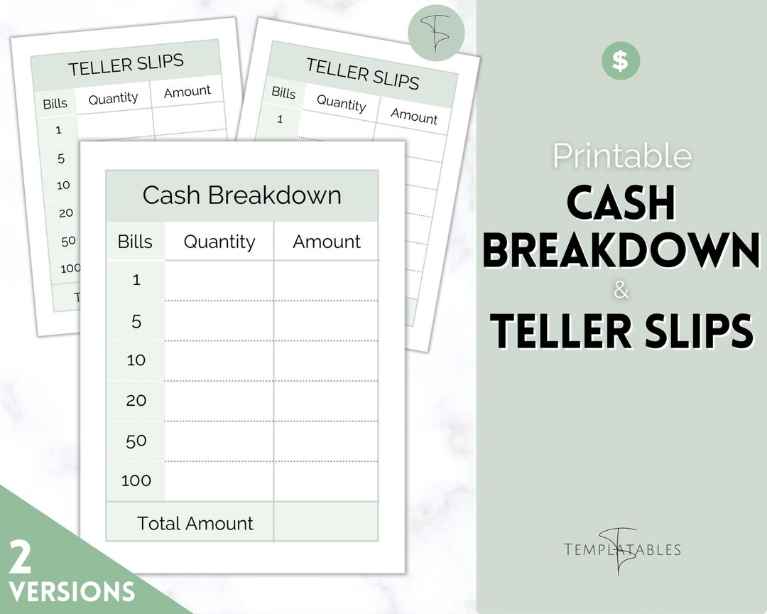 Printable Cash Breakdown Teller Slips, Cash Slips, Bank Teller, Cash ...
