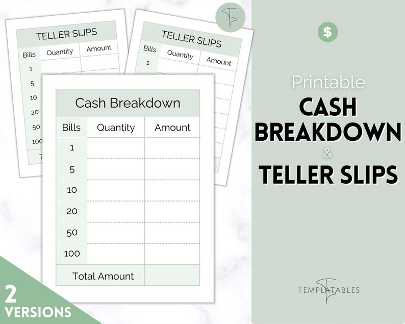 Printable Cash Breakdown Teller Slips, Cash Slips, Bank Teller, Cash ...