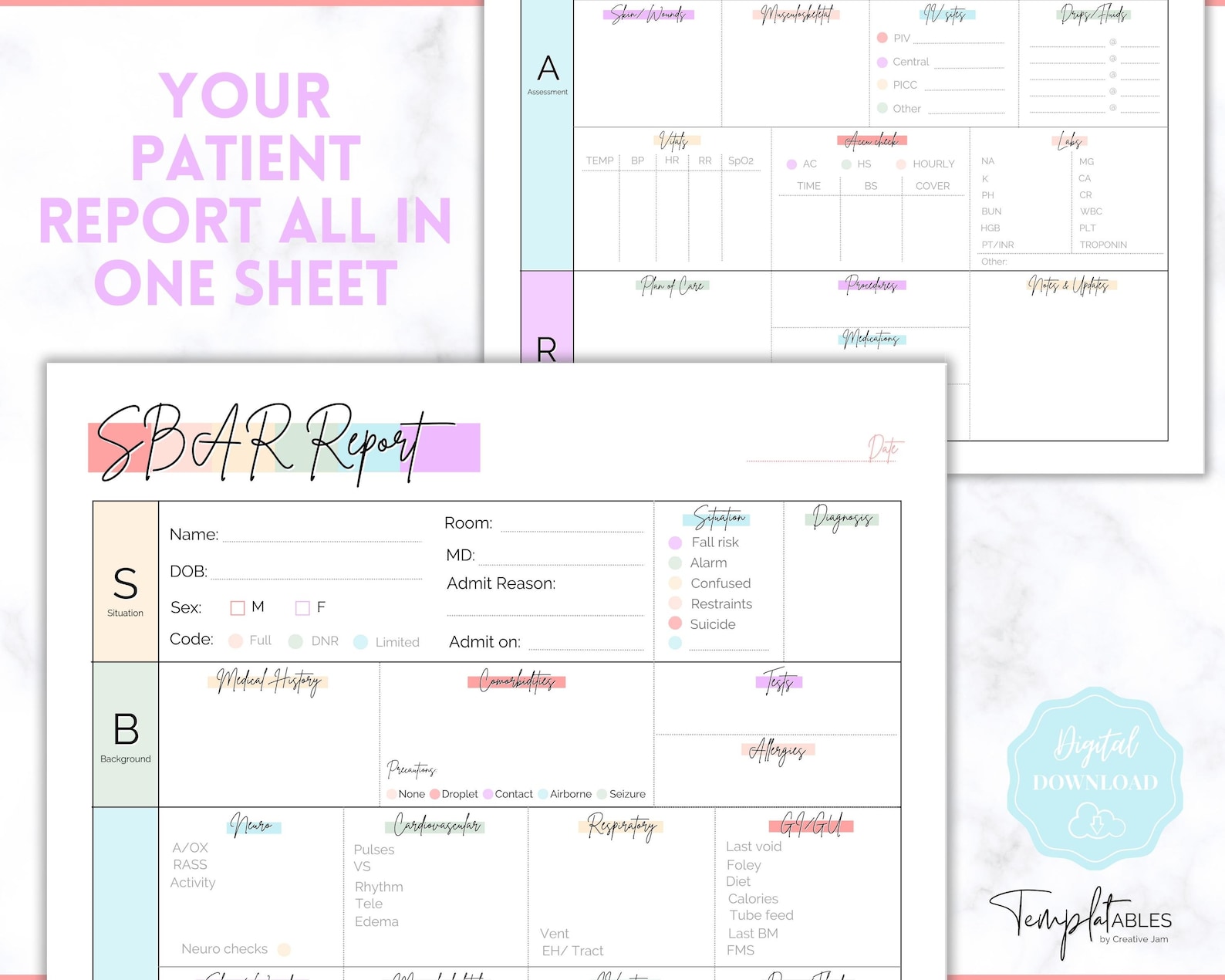 SBAR Nurse Brain Sheet, Nurse Report Sheet, ICU Nurse Report, RN ...