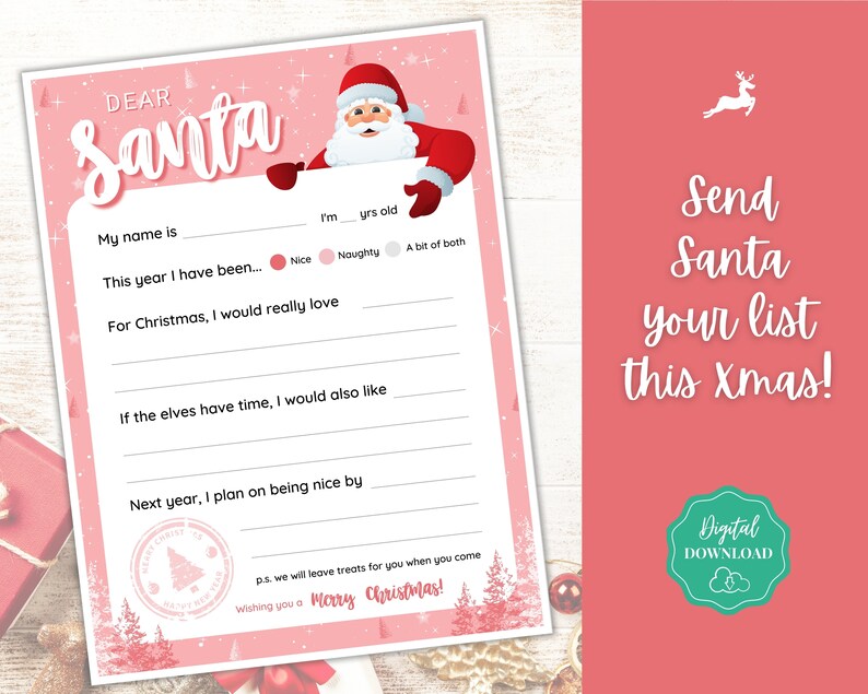 Printable Kids Letter to SANTA Claus Christmas Wish List | Etsy
