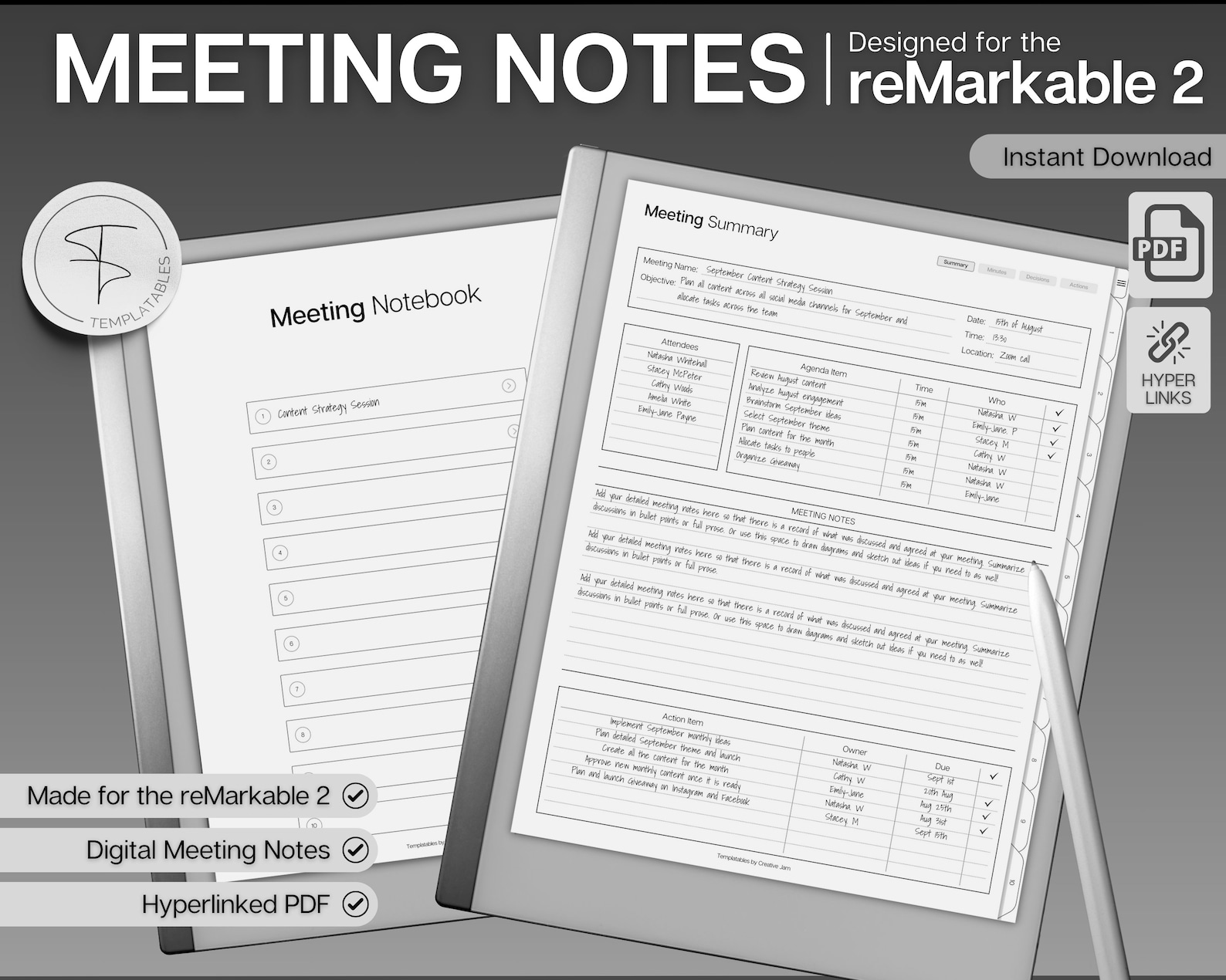 Template for Remarkable 2, Digital Meeting Minutes, Meeting Agenda ...