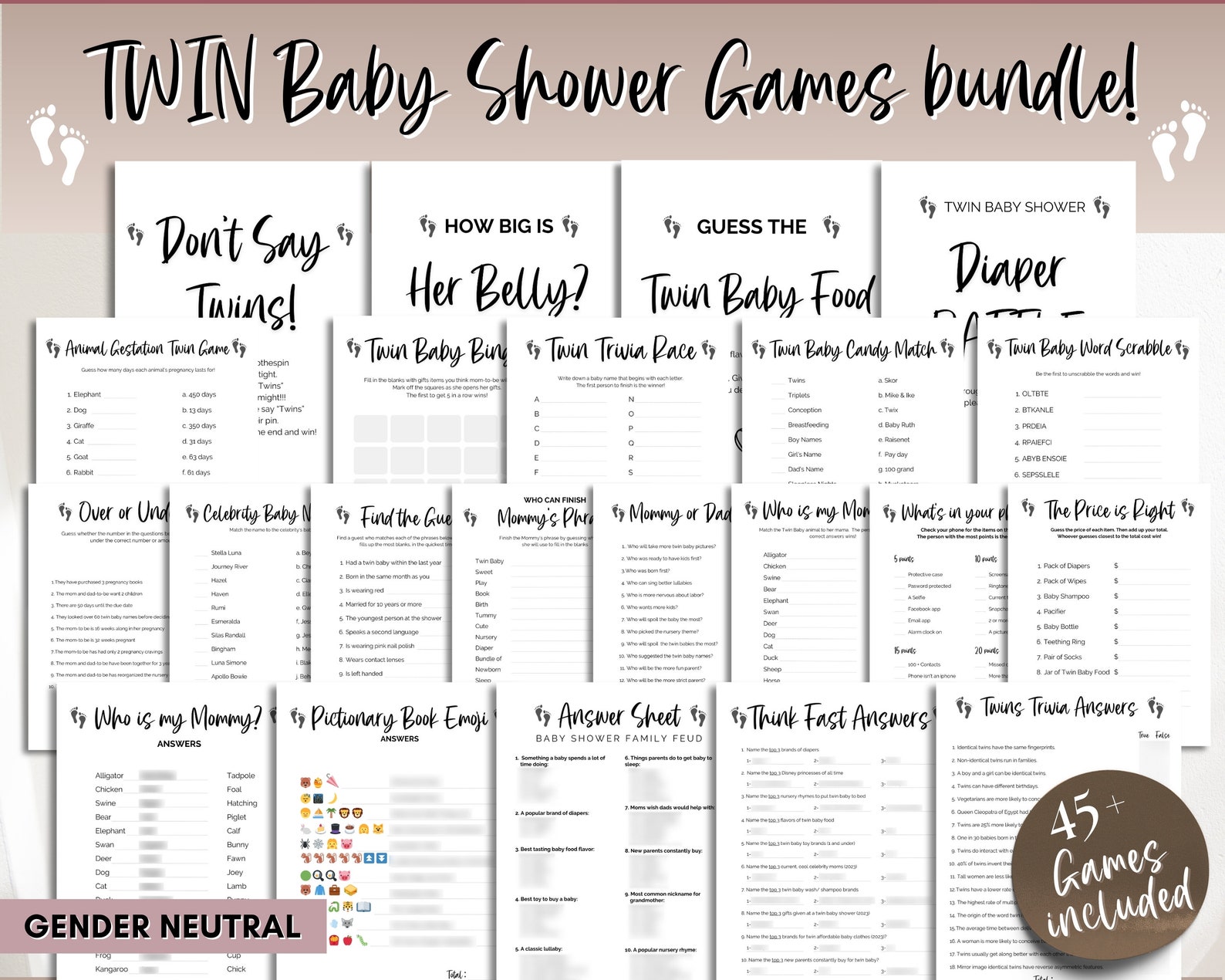 TWIN Baby Shower Games BUNDLE, 45 Twins Baby Shower Activity, Twin ...