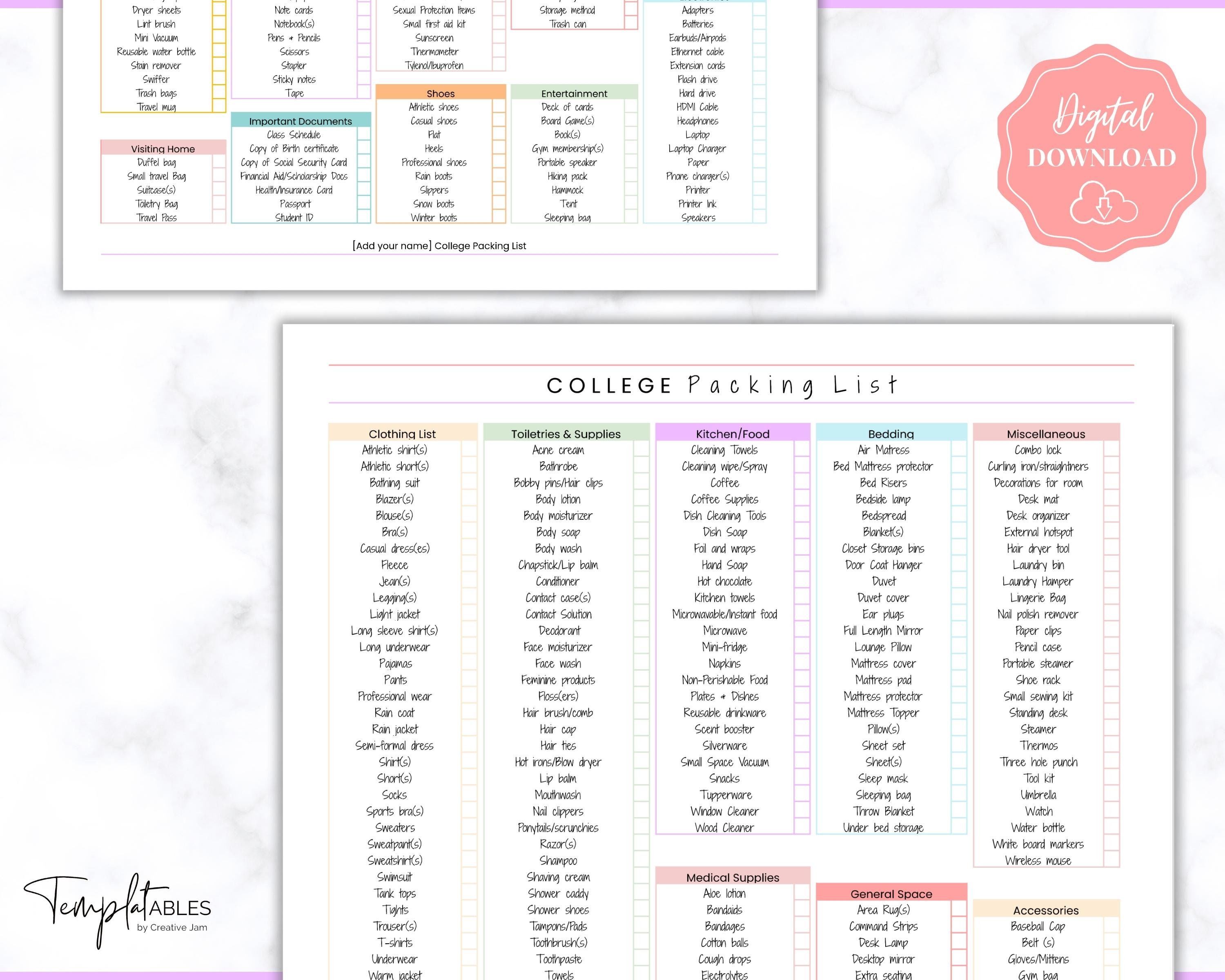 College Packing List Printable, Back to School, Packing Checklist ...
