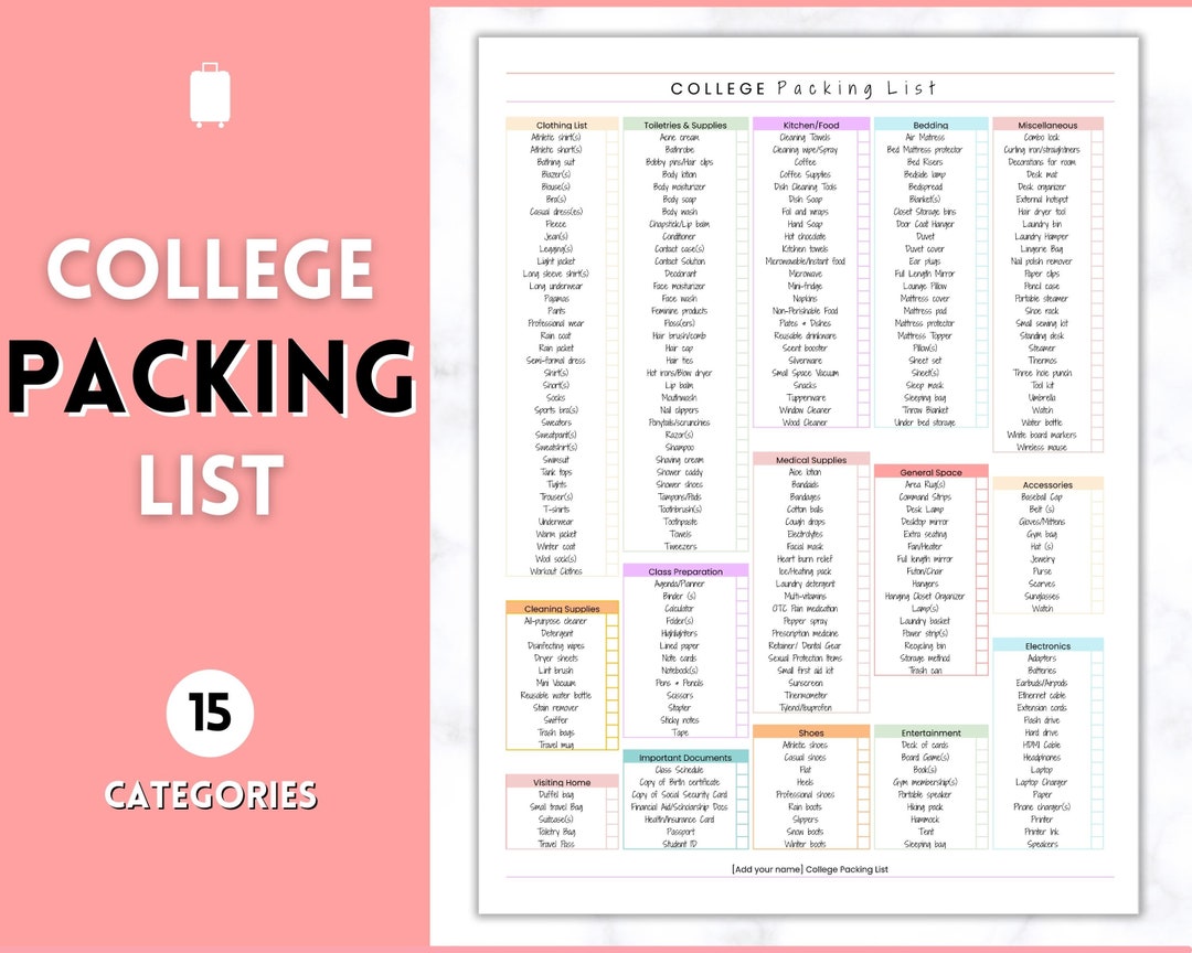 College Packing List Printable, Back to School, Packing Checklist ...