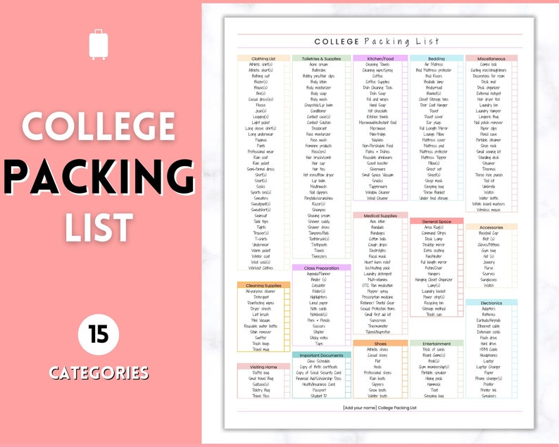 Printable College Packing List Back to School Packing - Etsy