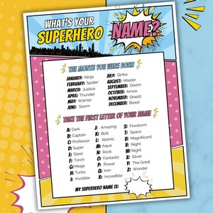 Superhero Party Sign, GIRLS What’s Your Superhero Name? Game, Super ...