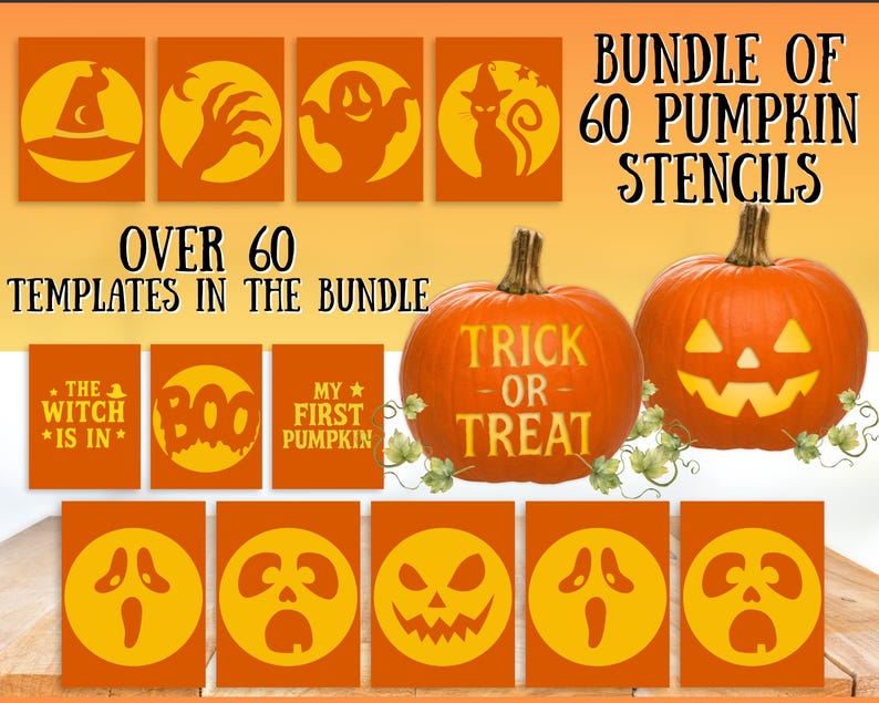 Pumpkin Carving Stencil MEGA BUNDLE, 60+ Printable Stencils for ...