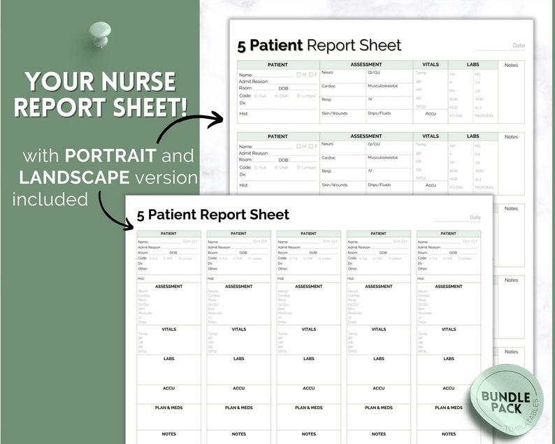5 Patient Nurse Report Sheet Nurse Brain Sheet ICU Nurse - Etsy