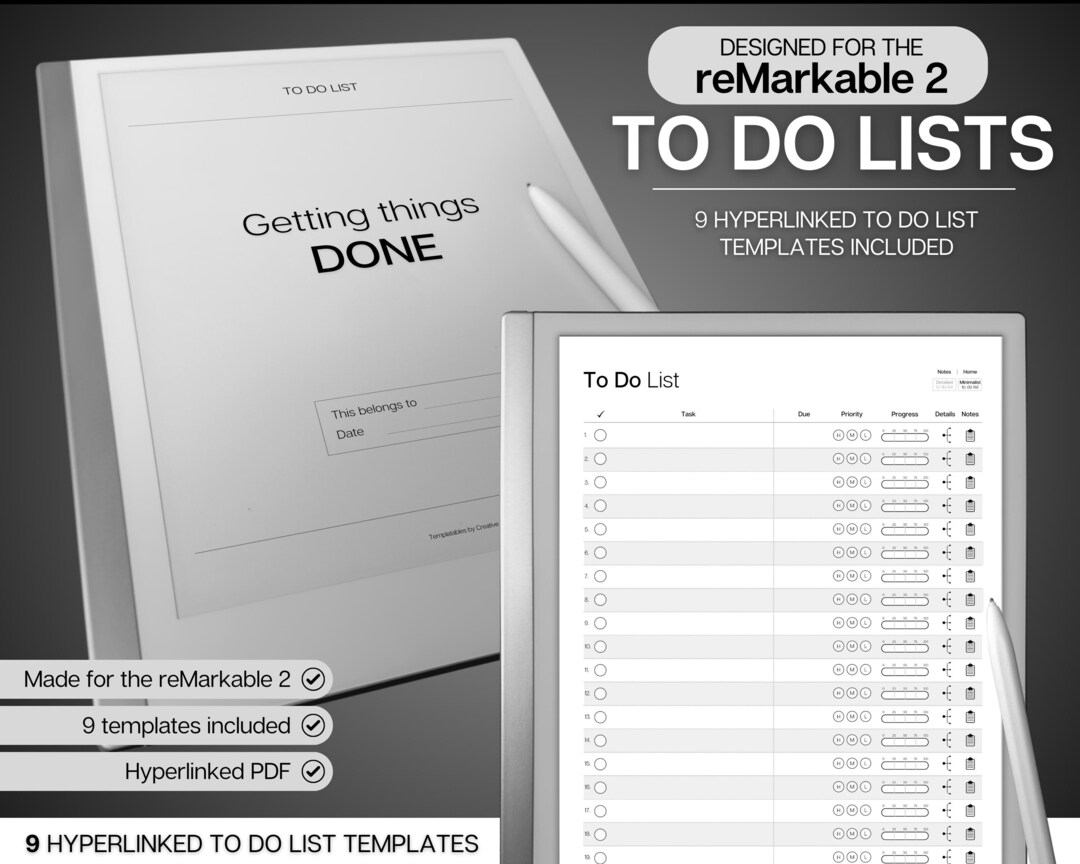 Template for Remarkable, Digital TO DO LISTS, 9 Hyperlinked Templates ...