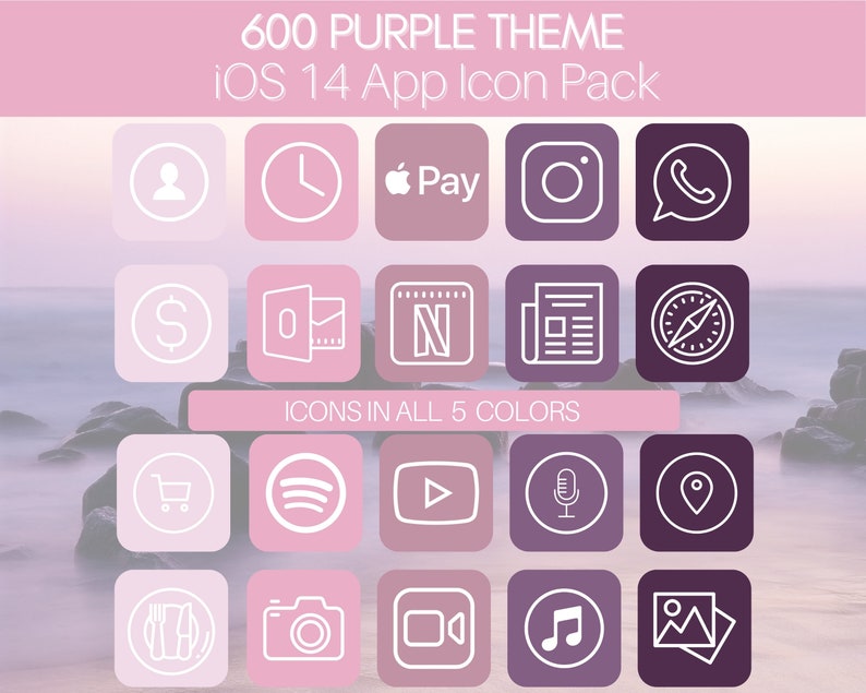 PURPLE Theme Ios 14 App Icons 600 Violet Lavender Lilac Pink | Etsy UK
