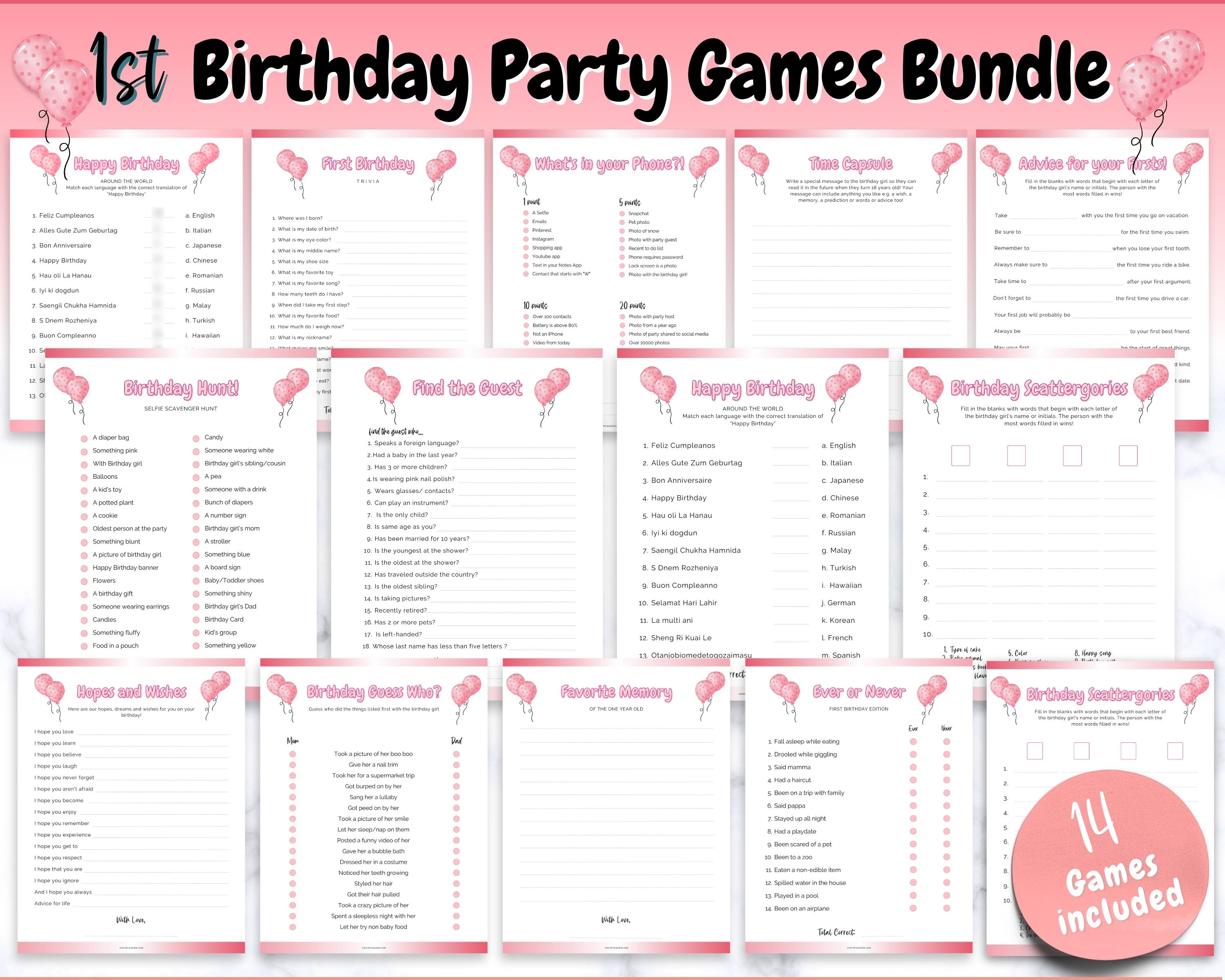 First Birthday Games GIRL, Printable BUNDLE of 14 Party Games for Baby ...