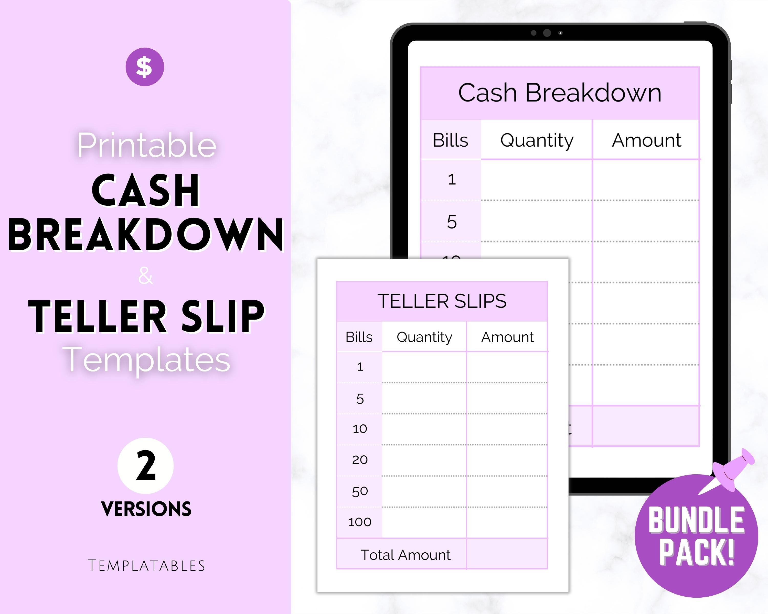 Teller Slips, Printable Cash Breakdown, Cash Slips, Bank Teller, Cash ...