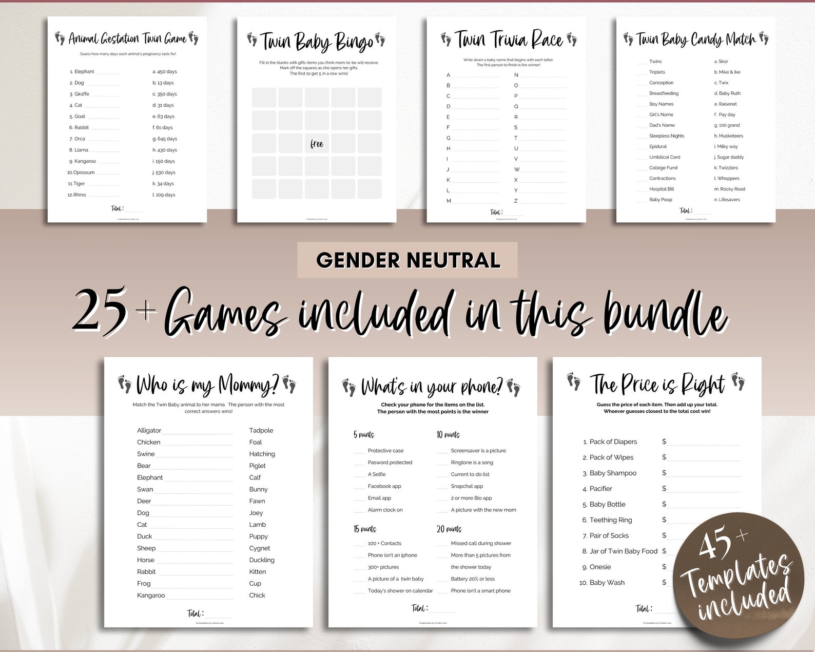 TWIN Baby Shower Games BUNDLE, 45 Twins Baby Shower Activity, Twin ...
