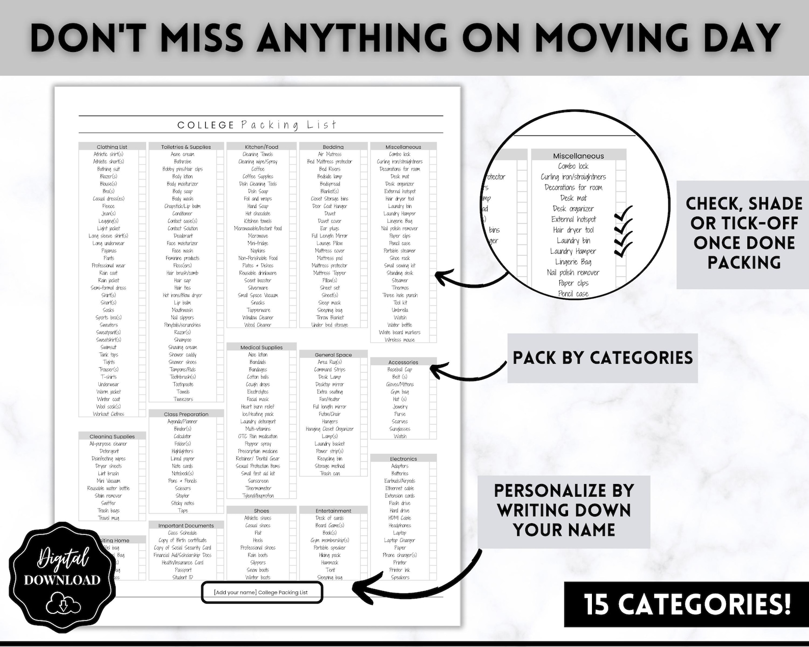 College Packing List Printable, Back to School, Packing Checklist ...