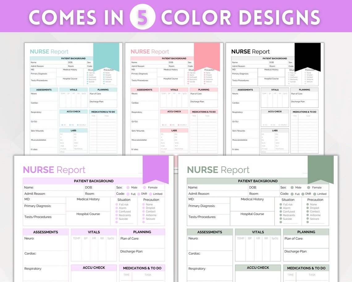 Nurse Report Sheet Bundle 5 Colors Nurse Brain Sheet ICU - Etsy