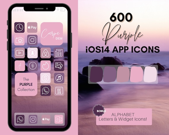 PURPLE Theme Ios 14 App Icons 600 Violet Lavender Lilac Pink | Etsy
