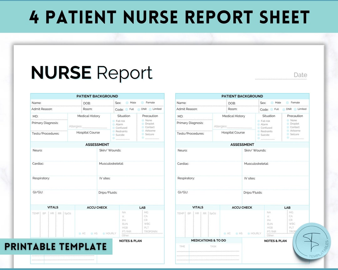 4 Patient Nurse Report Sheet, Nurse Brain Sheet, 5 Colors, ICU Nurse ...