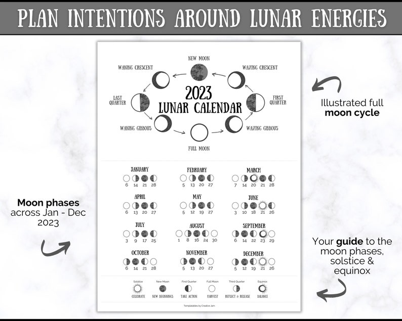 2023 Lunar Calendar, Printable Moon Calendar, 2023 Moon Phases ...