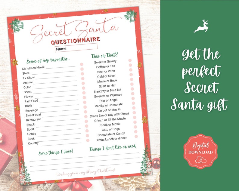 Secret Santa Questionnaire Printable. Holiday Gift Exchange Form, Work ...