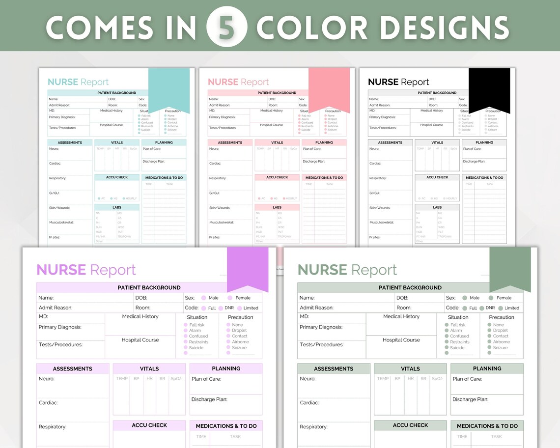 Nurse Report Sheet Bundle, 5 Colors, Nurse Brain Sheet, ICU Nurse ...