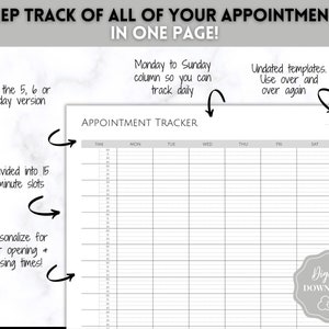 Appointment Tracker Printable, 15 Minute, Salon Planner, Therapist Appt ...