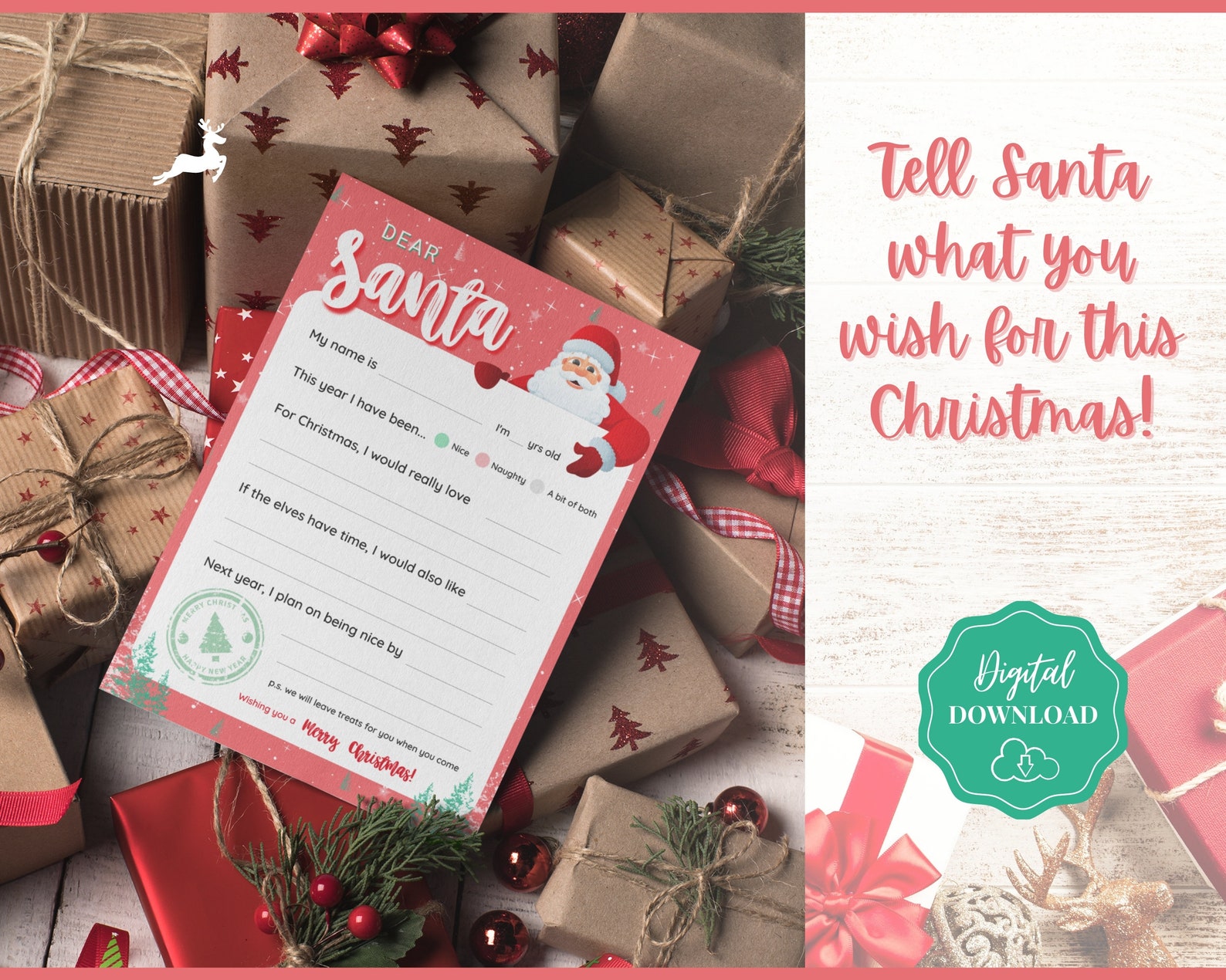 Printable Kids Letter to SANTA Claus, Christmas Wish List, Father ...