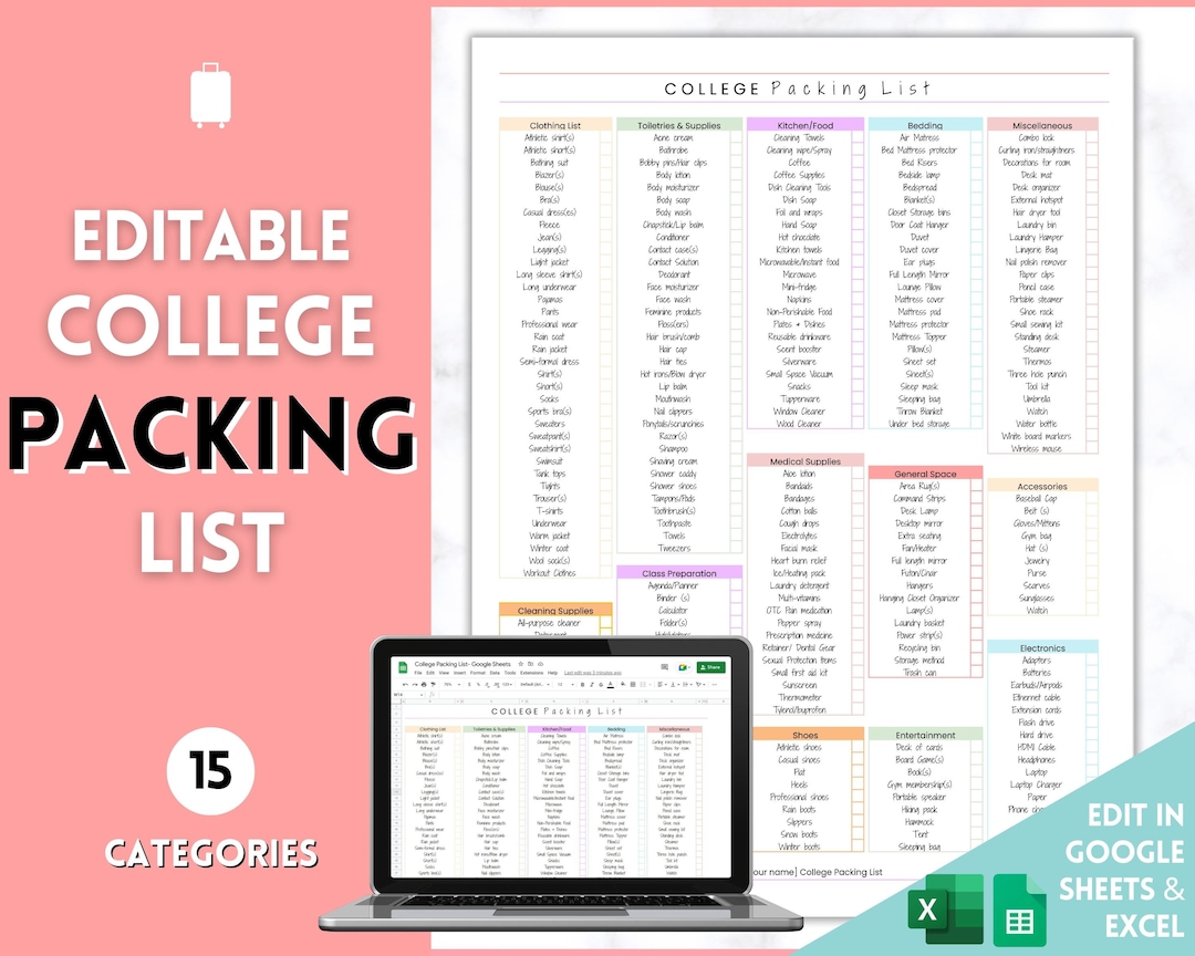 EDITABLE College Packing List, Packing Checklist, Back to School ...