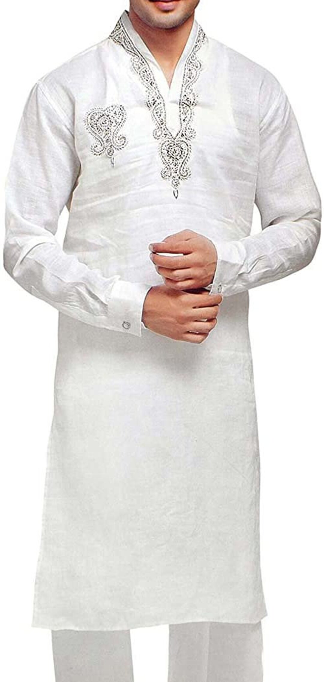 Hand Embroidered V Neck White Linen Ethnic Designer Indian Kurta Pajama ...