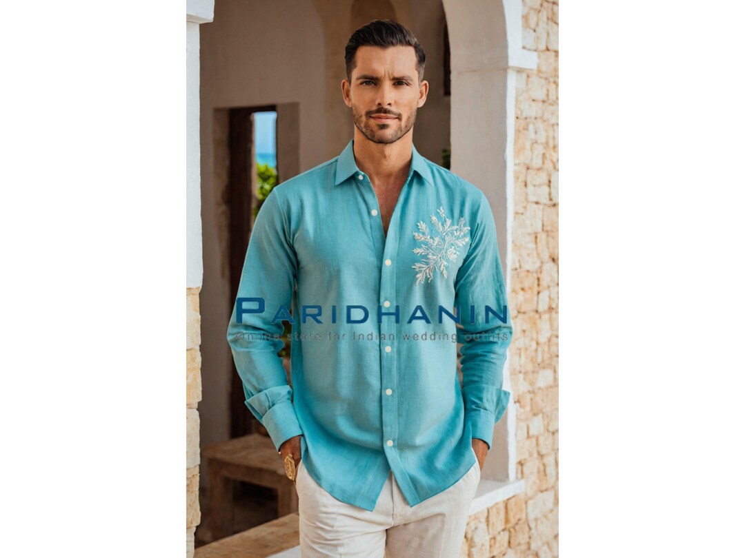 Turquoise Linen Shirt for Men, Embroidered Beach Wedding Outfit, Groom ...