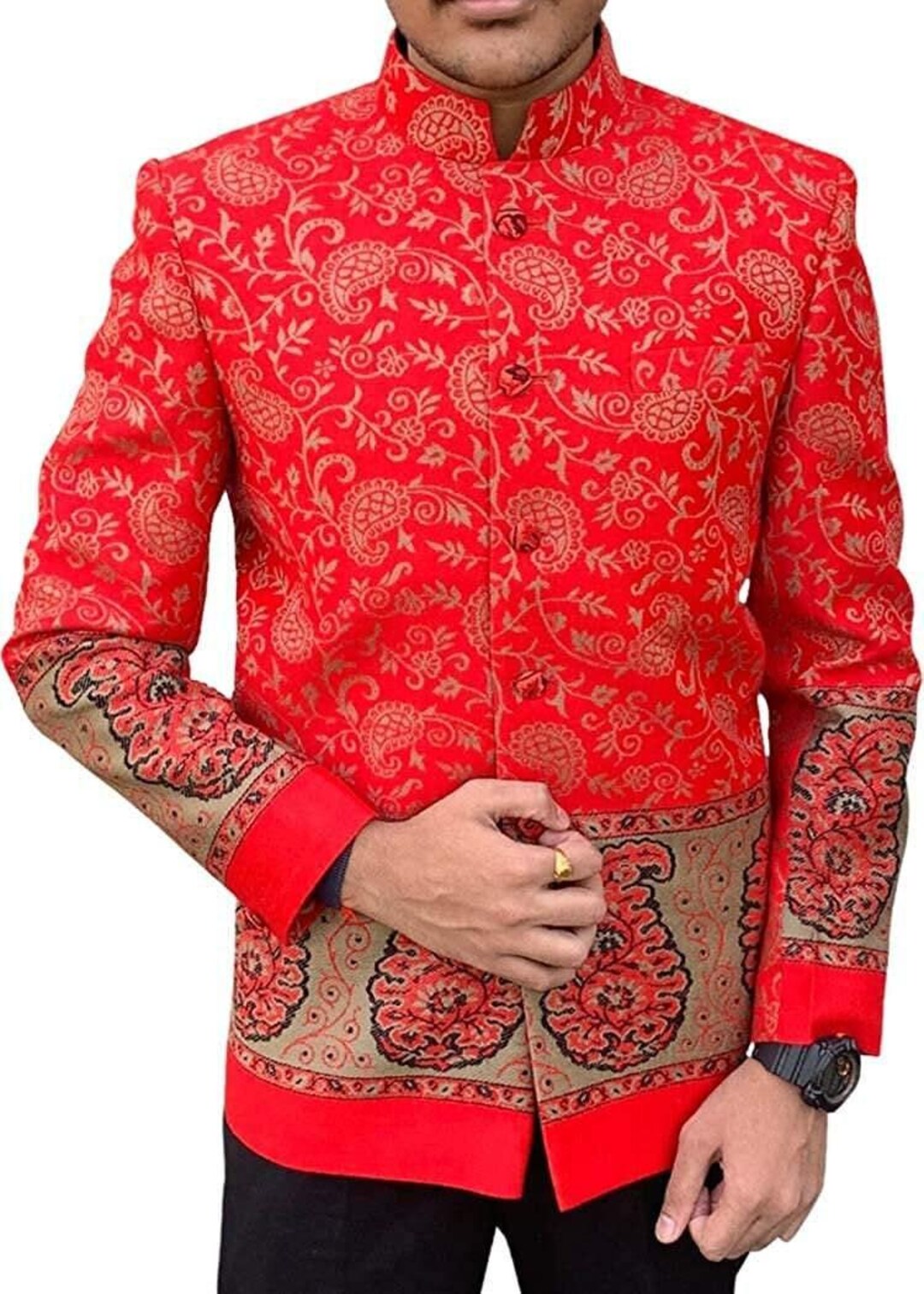 Mens Red Himroo Fabric Nehru Jacket - Etsy