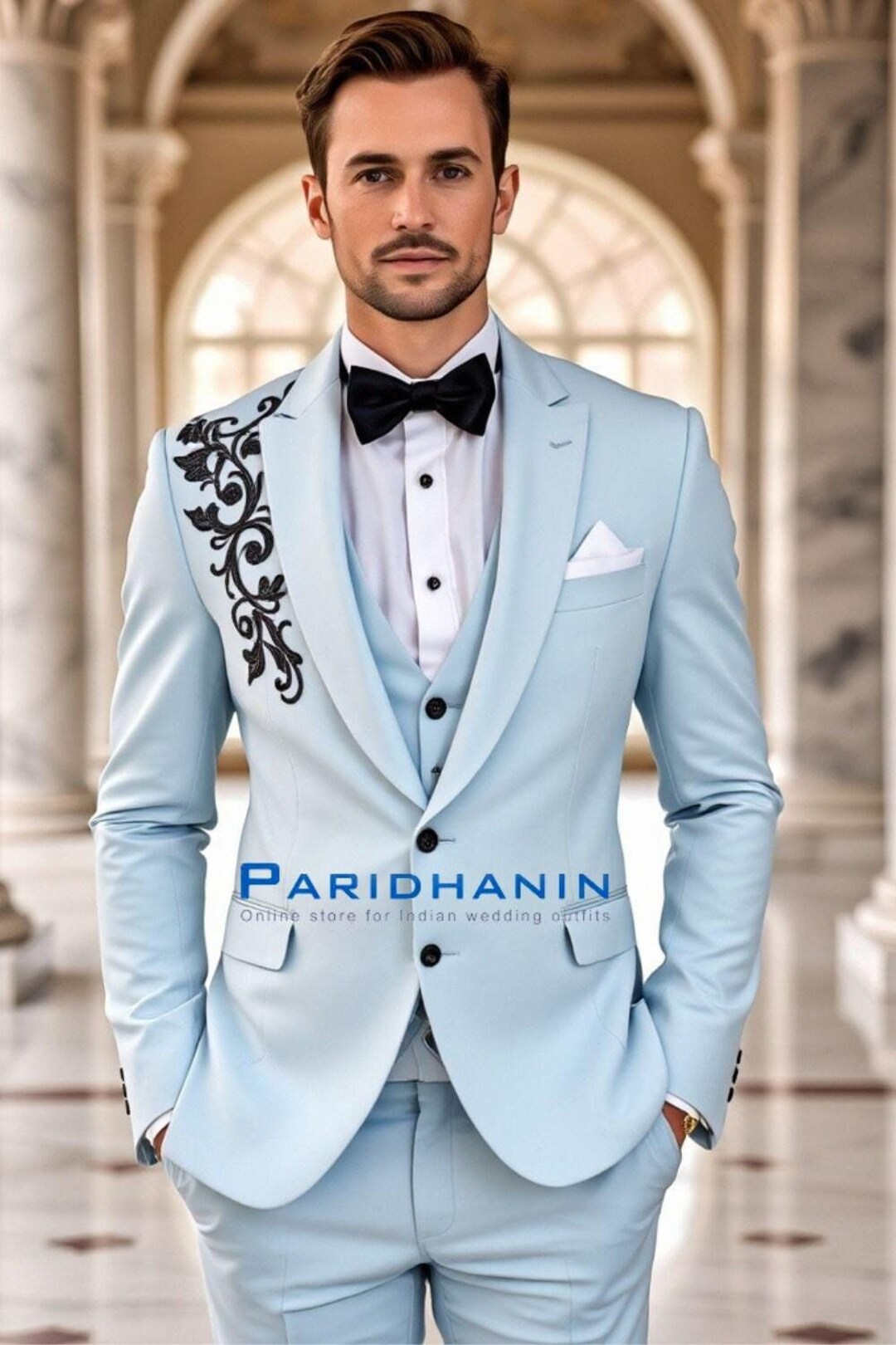 Mens Light Blue 3 Piece Tuxedo Suit Wedding Groom Slim Fit Embroidered ...