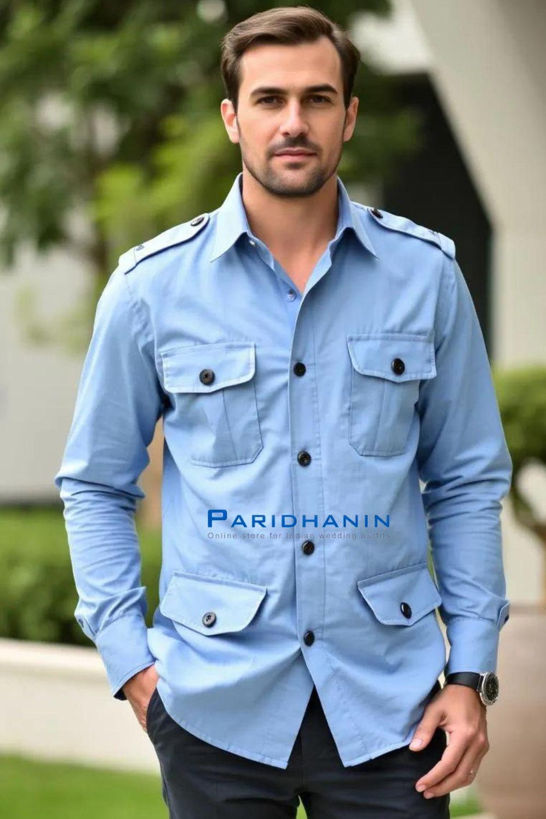 Light Blue Military Style Utility Shirt for Men Zoo Keeper Bush Shirt ...