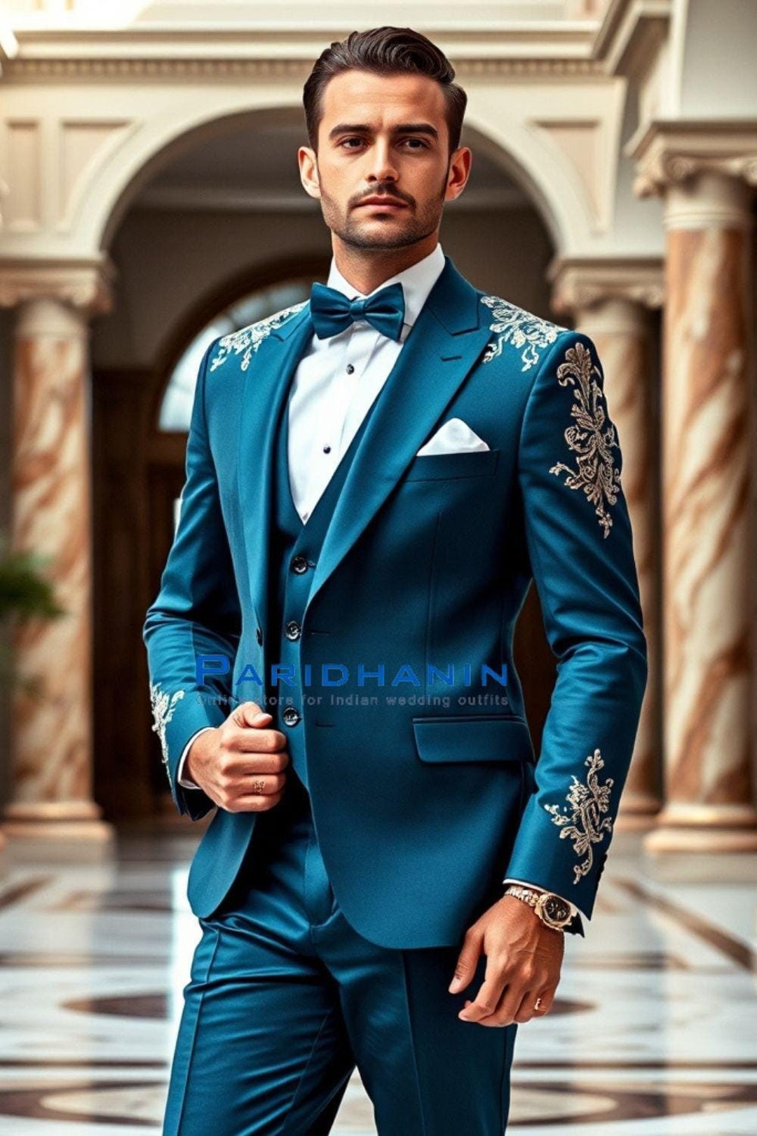 Teal Blue 3 Piece Wedding Suit for Men | Ivory Embroidered Tuxedo ...