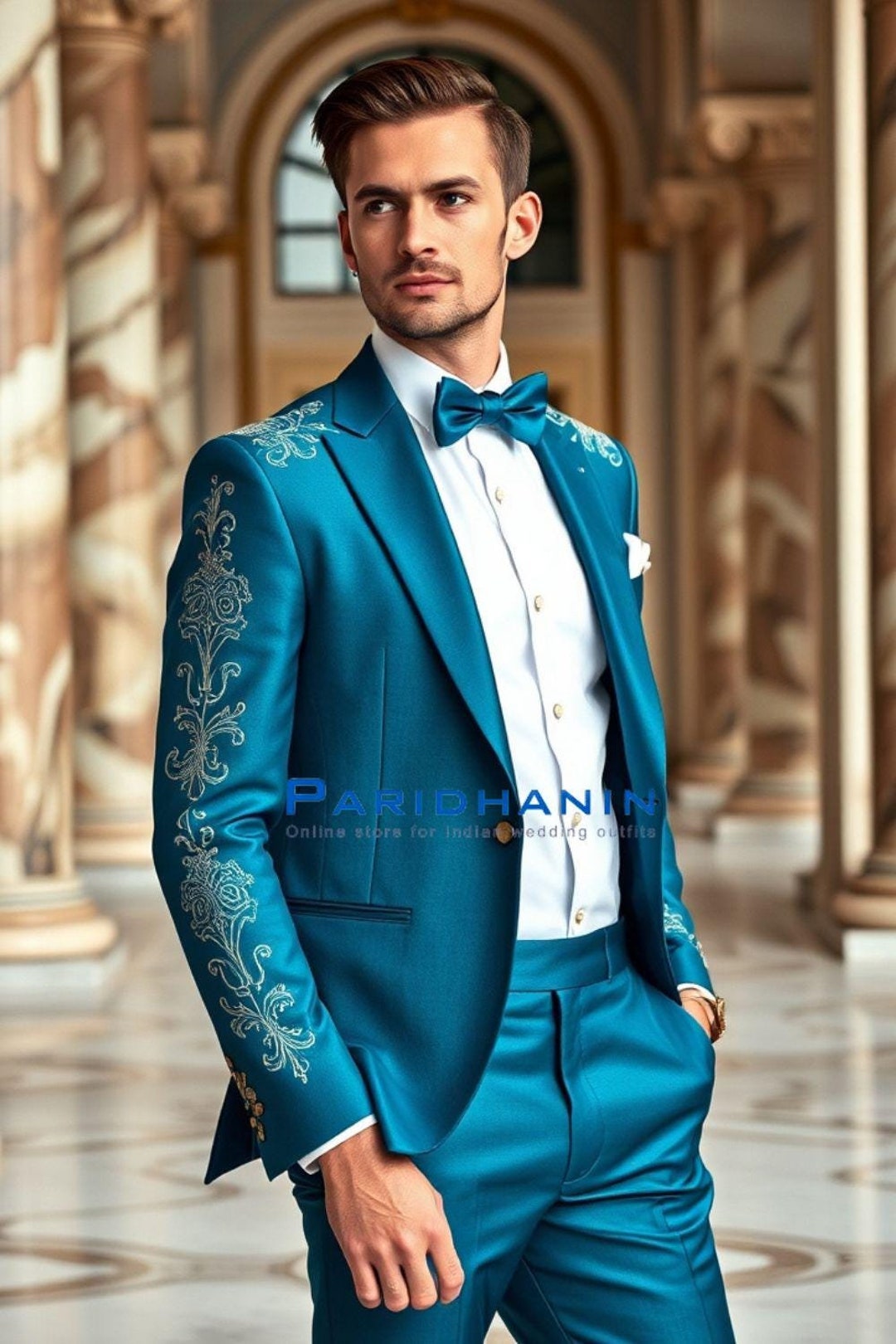 Teal Blue 2 Piece Wedding Suit for Men | Ivory Embroidered Blazer ...