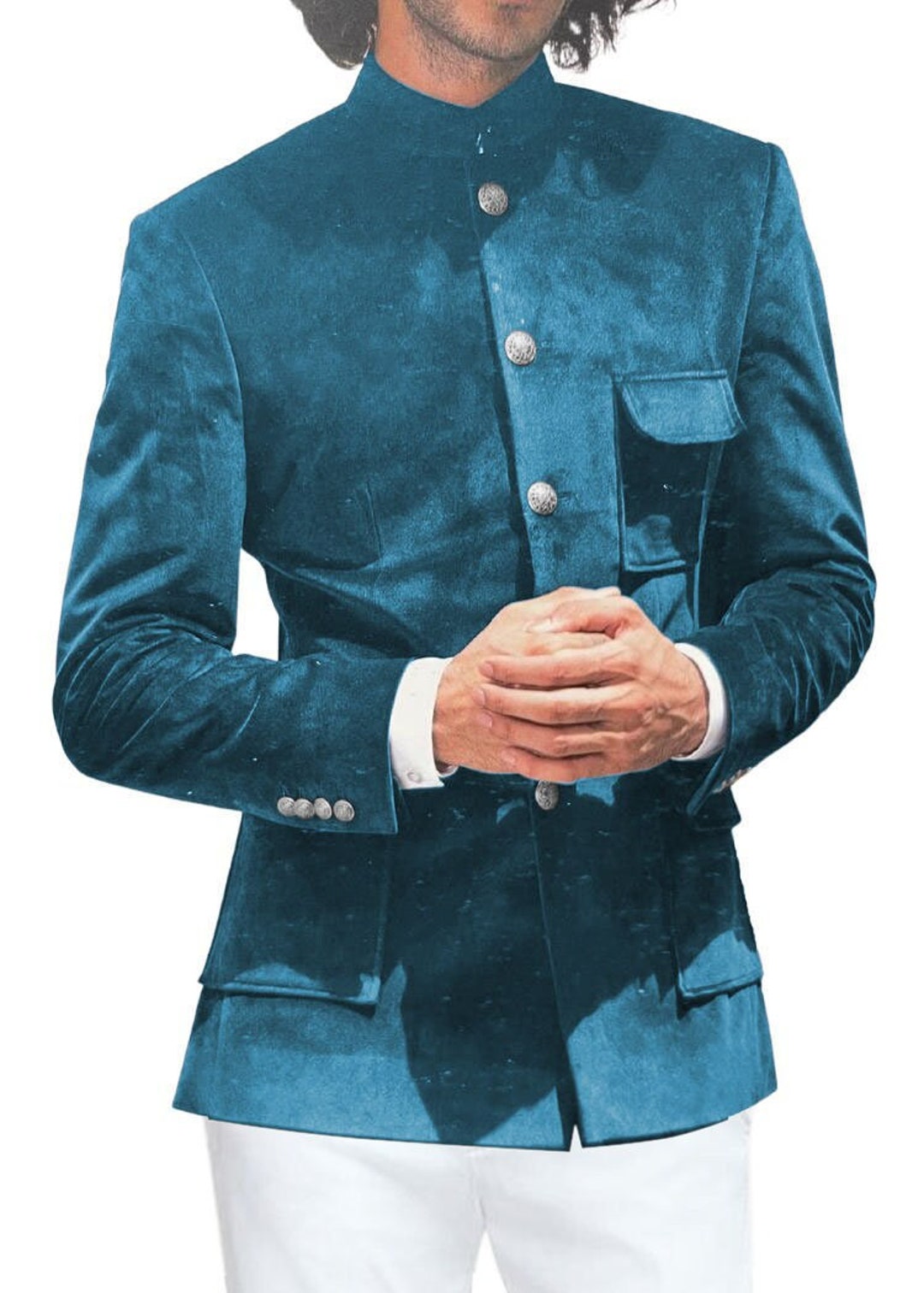 Mens Blue Velvet Mandarin Collar Nehru Jacket Party Wear Sport Coat ...