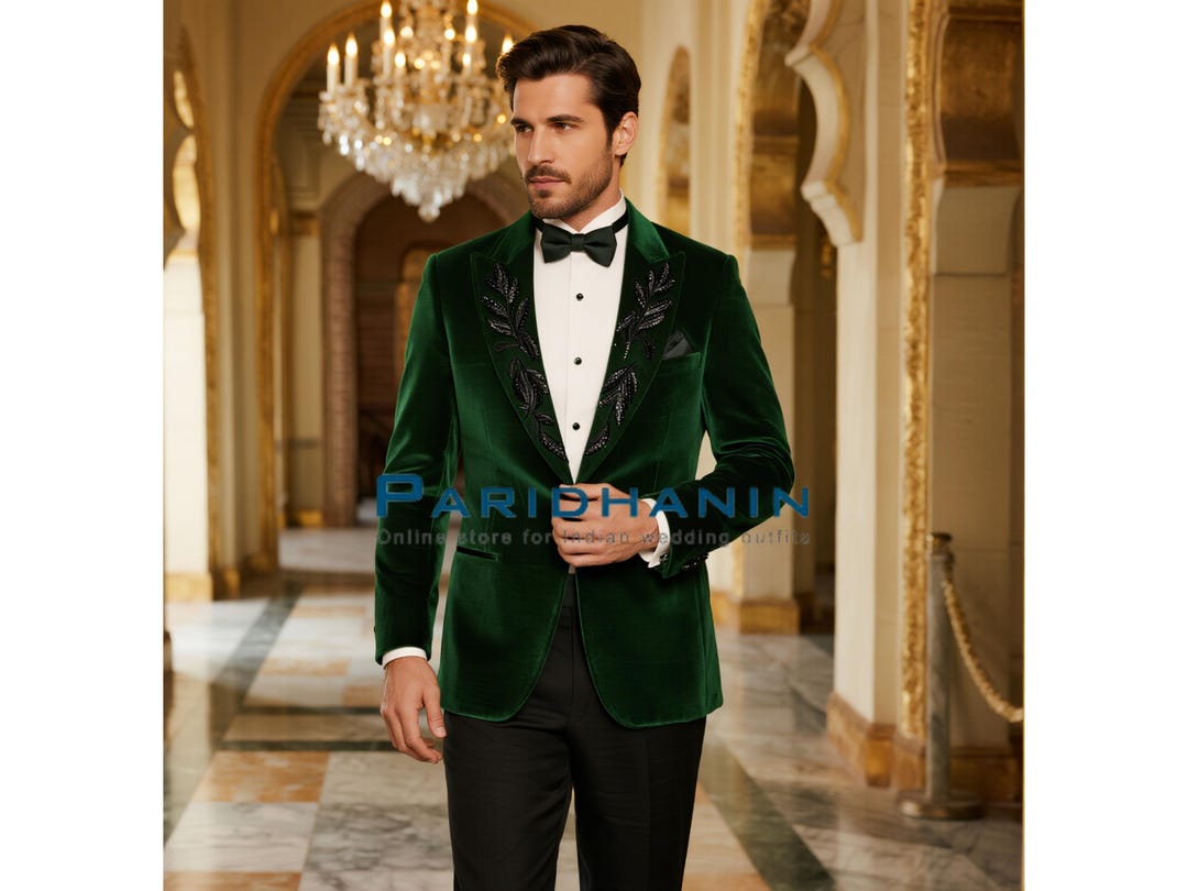 Emerald Green Velvet Tuxedo for Men, Embroidered Groom Wedding Suit ...