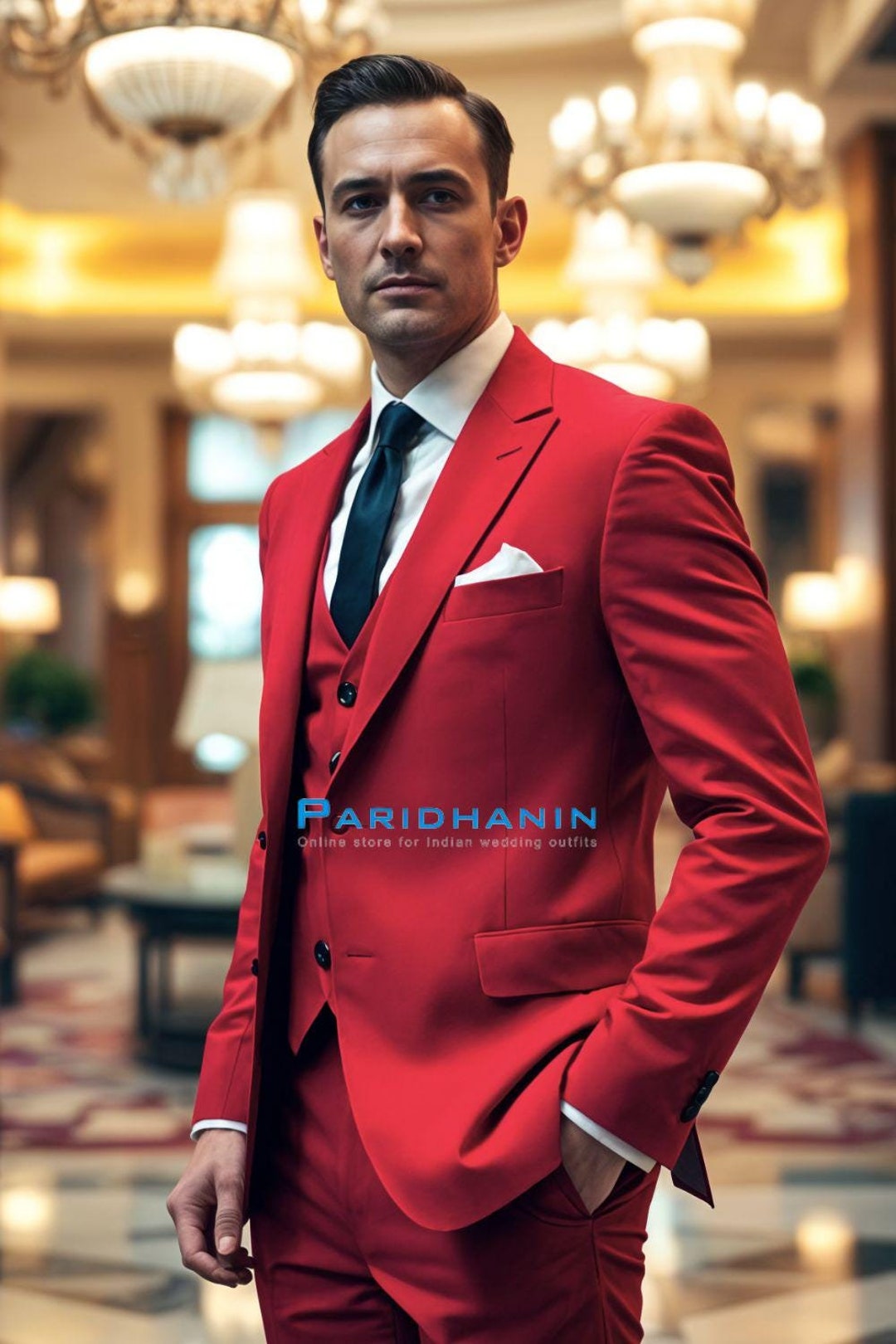 Meticulously Tailored Striking Red 3pc Luxurious Suit With Classic Peak ...