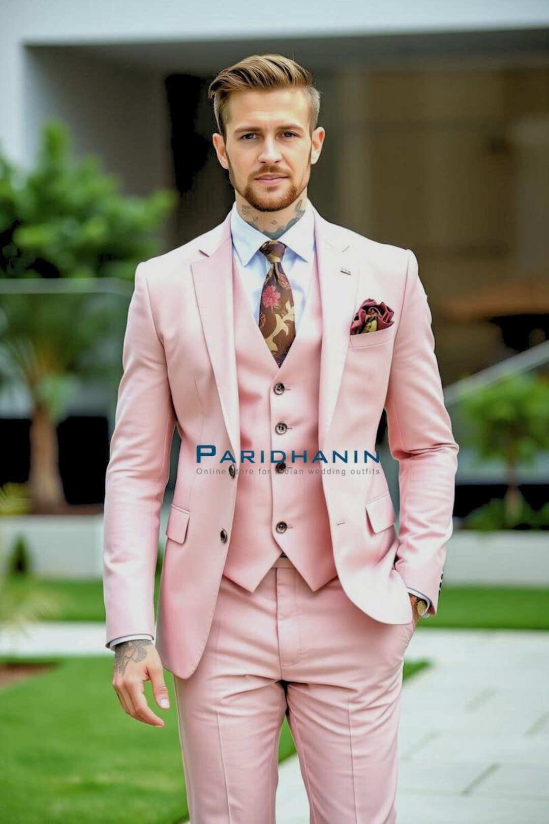 An Elegant Pink 3pc Wedding Suit for Men With a Subtle Sheen, Tailored ...