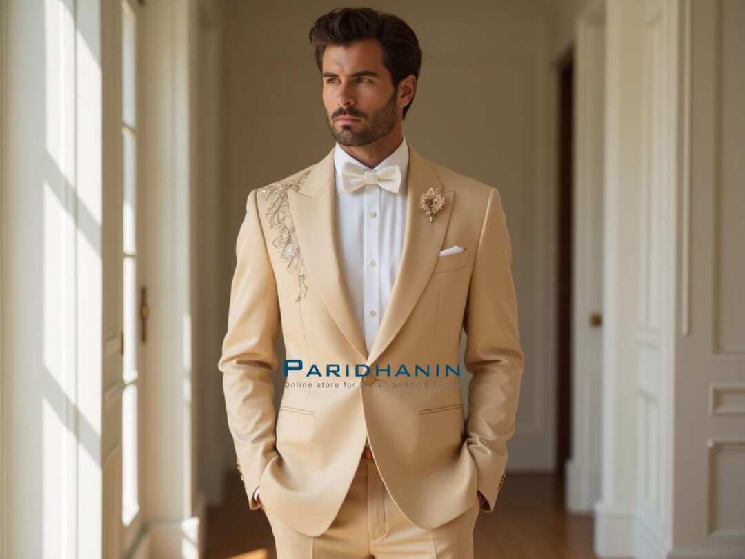Sand Beige Embroidered Groom Tuxedo | Custom Handmade Wedding Suit for ...
