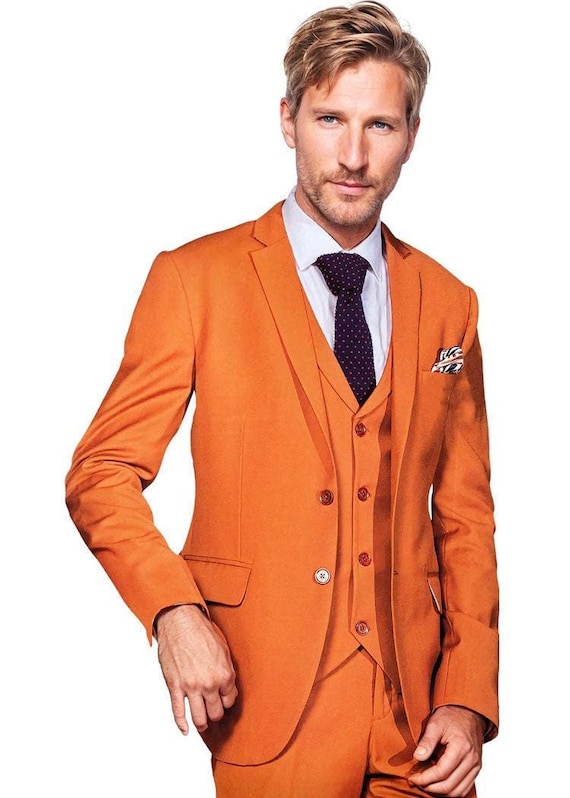 Mens Formal Wedding Orange Tuxedo 3 pc suit stylish outfit for all occasion Paridhanin