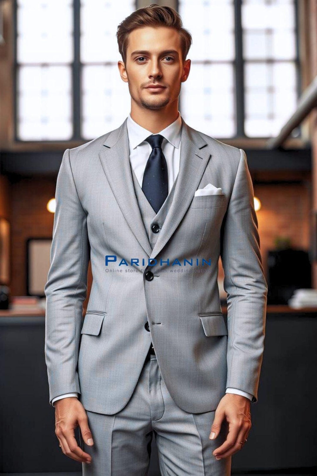 Meticulously Tailored Light Gray Three-piece Formal Suit, Classic Notch ...