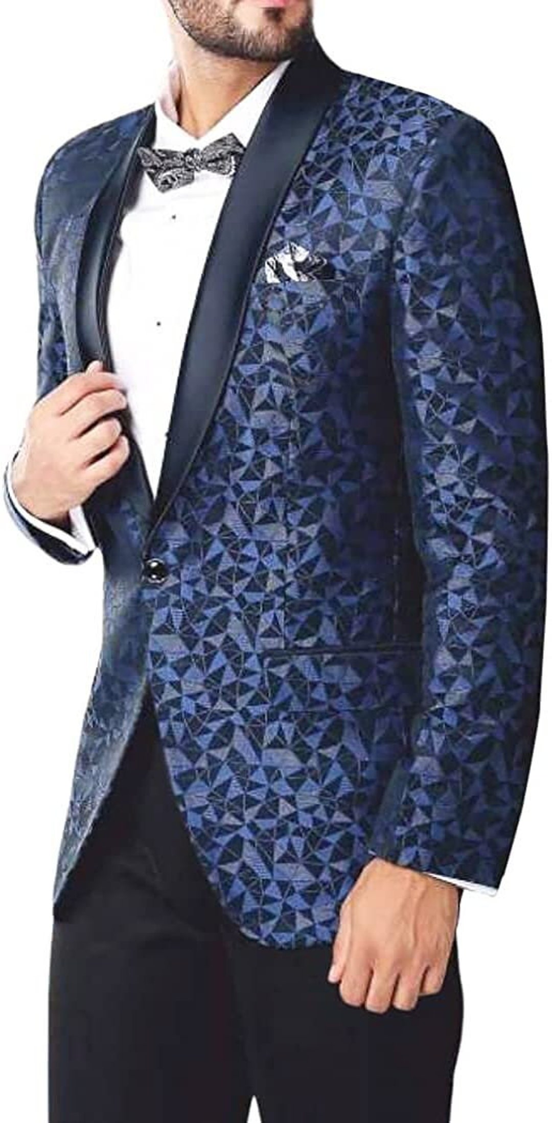 Navy Blue Mens Shawl Collar One Button Slim Fit Jacquard Blazer - Etsy