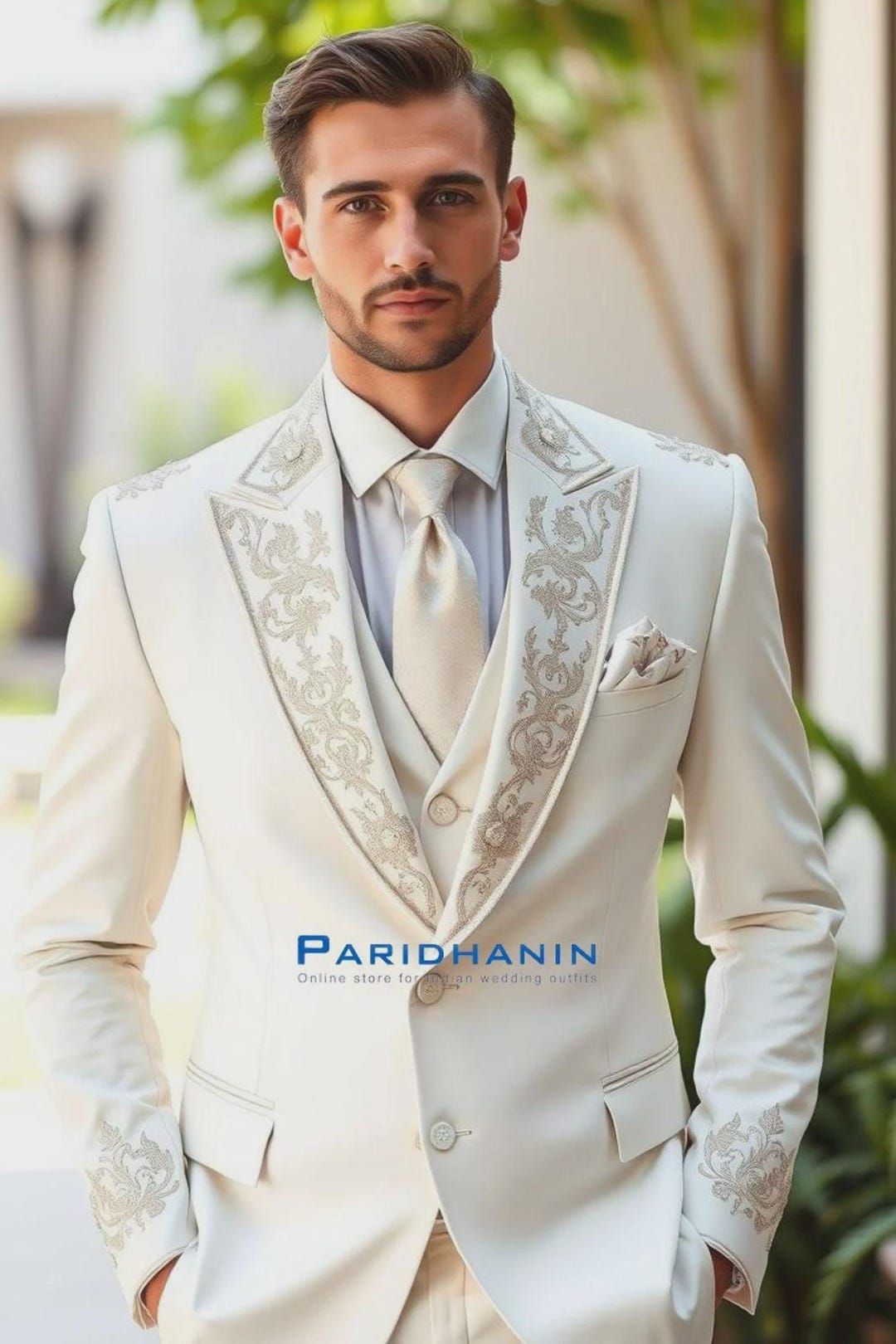 Ivory 3 Piece Wedding Tuxedo for Men | Embroidered Formal Suit for ...