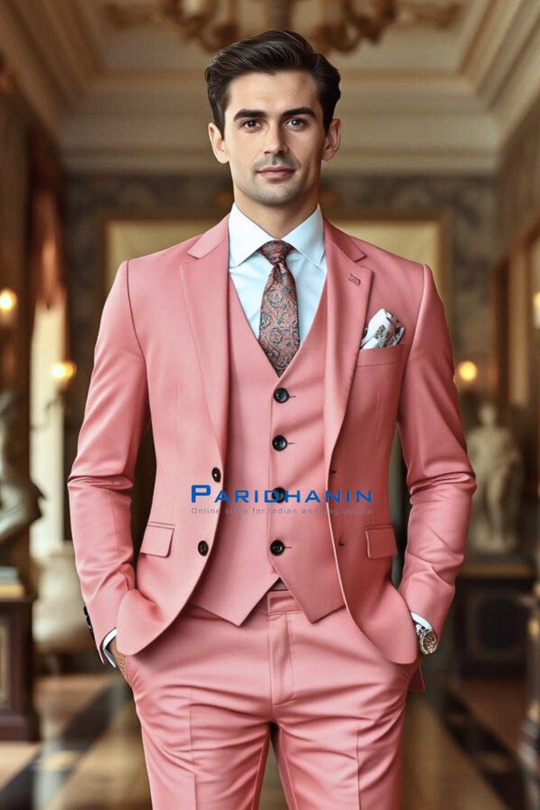 Awesome Light Coral Pink 3pc Wedding Suit for Men With a Subtle Sheen ...