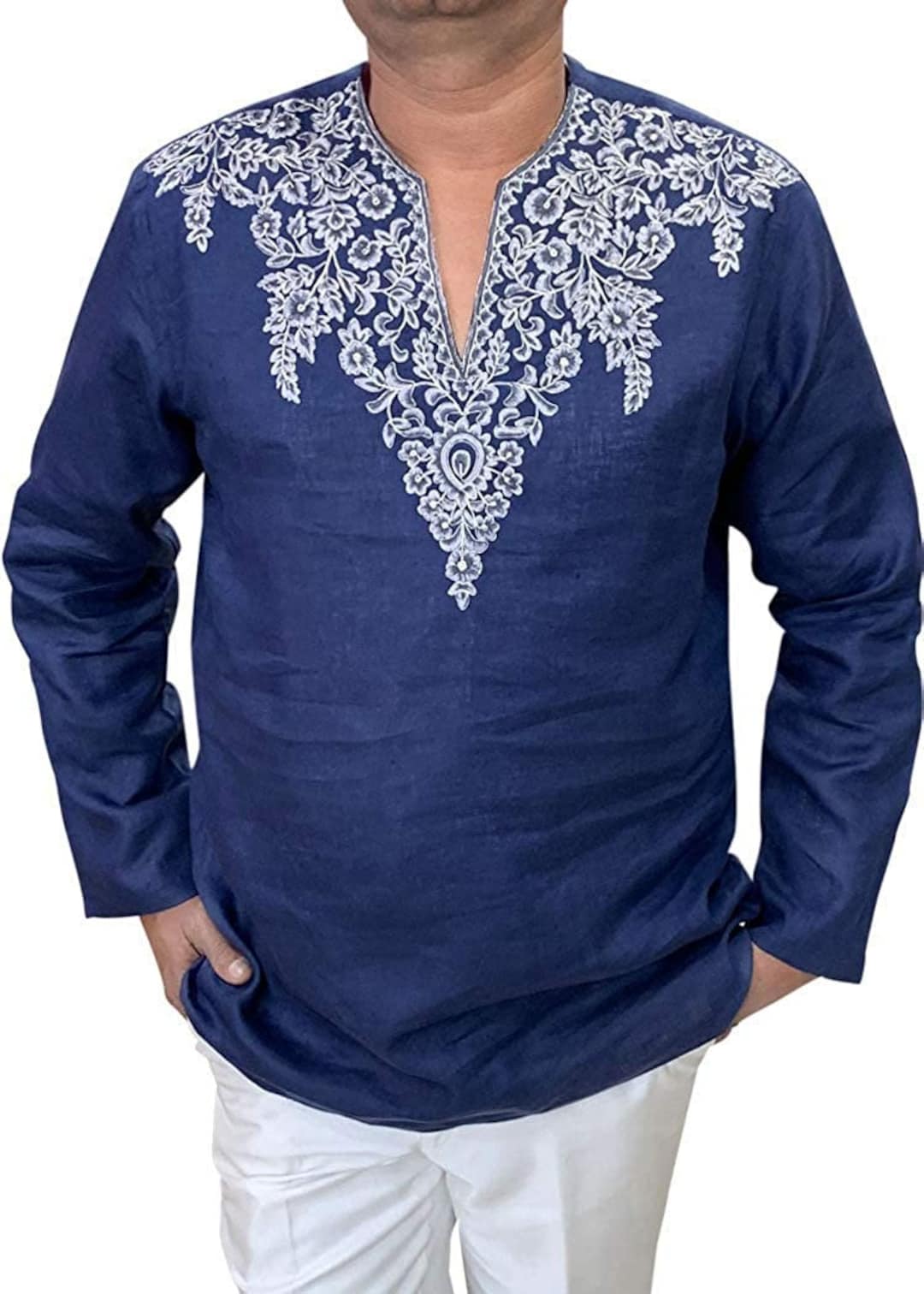 Embroidered V Neck Navy Blue Mens Tunics Short Kurta - Etsy