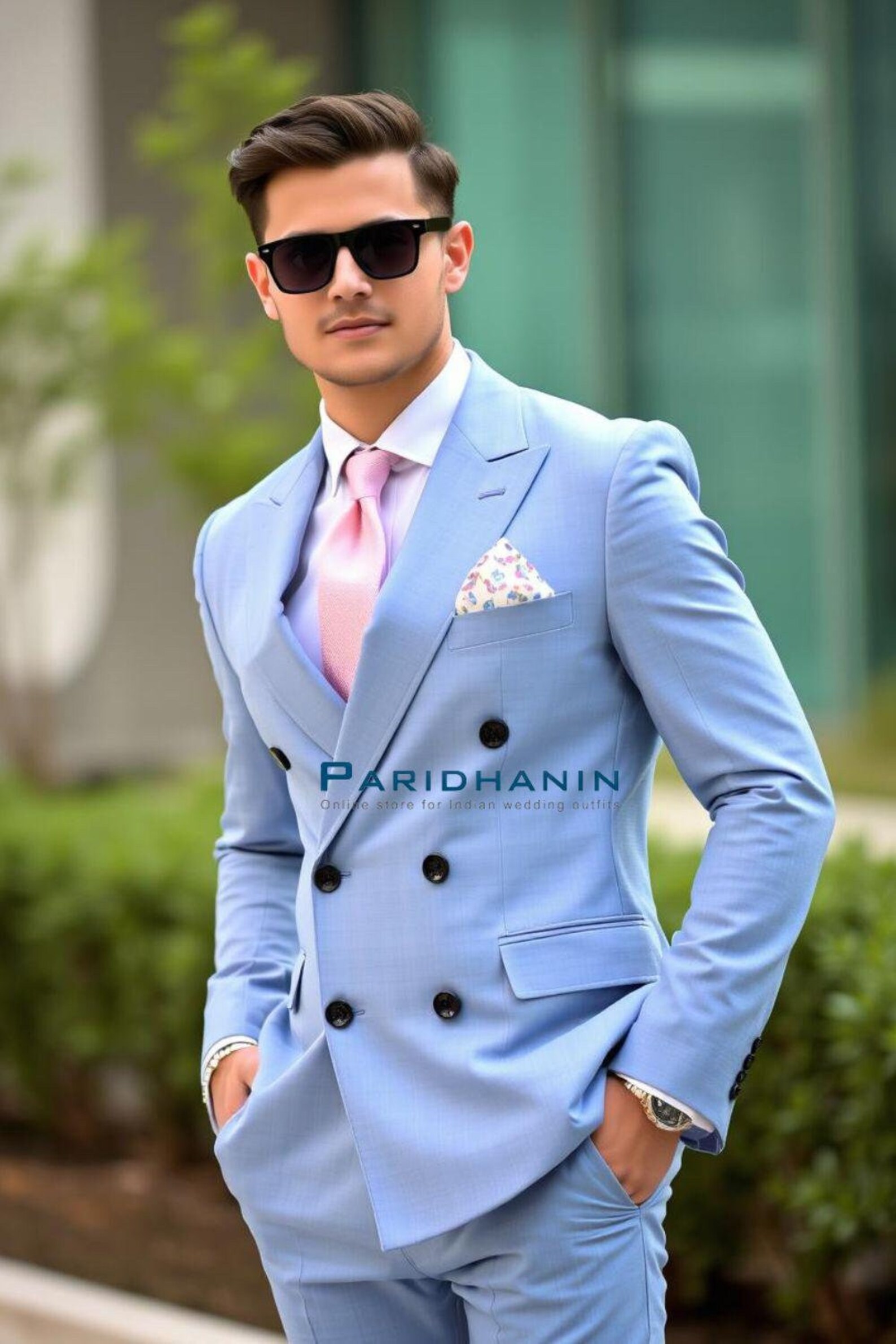 A Light Blue Double-breasted Suit With Black Buttons , Stylish and Fit ...