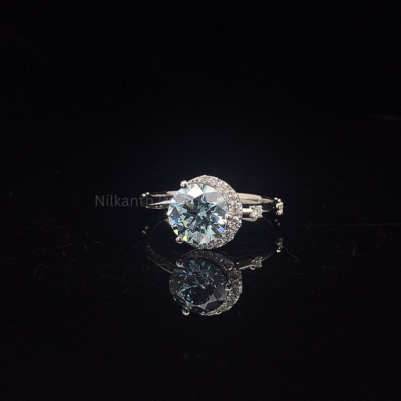 1.63CT Blue Round Diamond Halo Ring / Solitaire Ring Ready to Ship 7 US ...