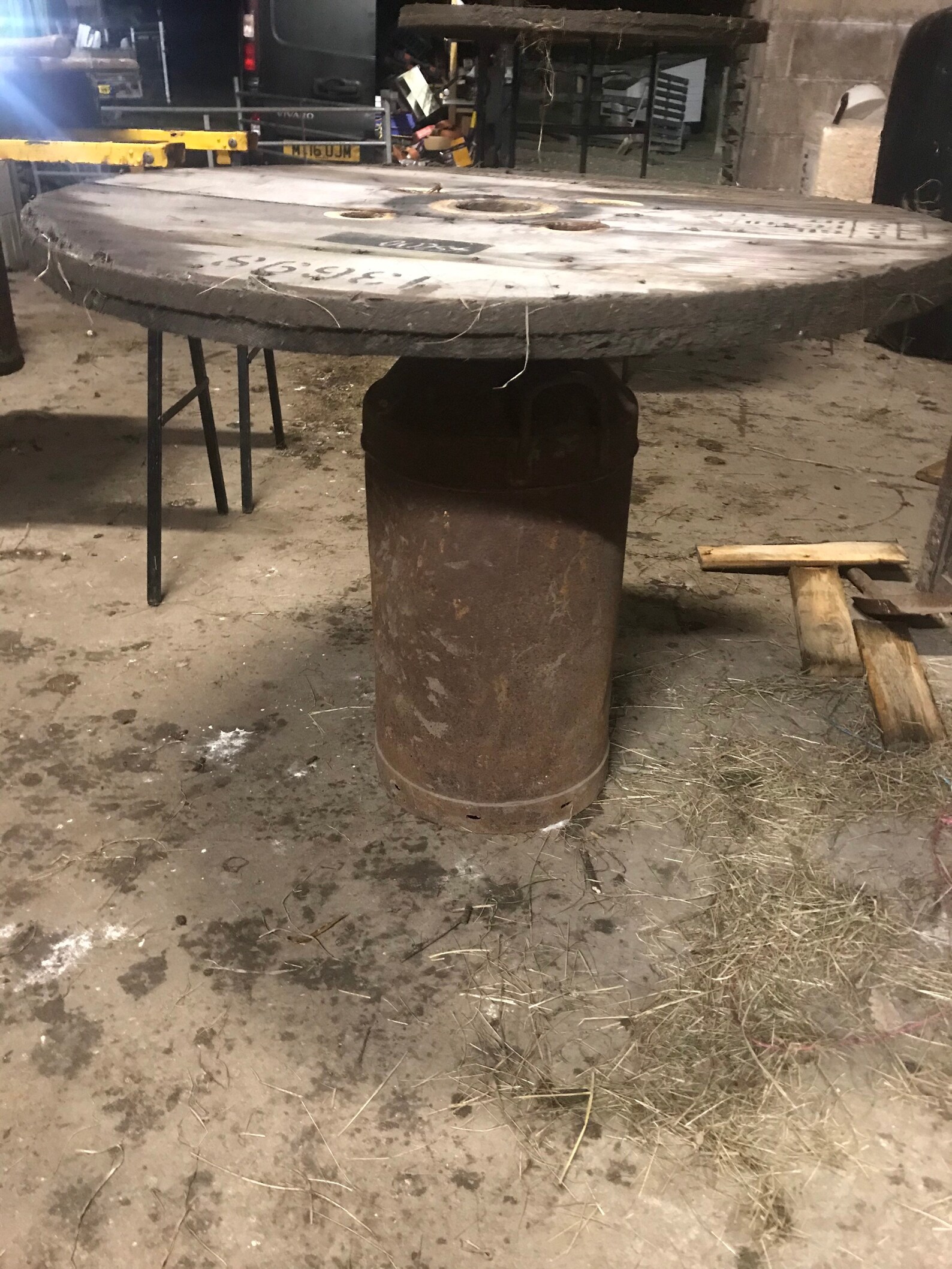 Upcycled Vintage Milk Churn Table Using Sanded Cable Drum Top for the ...