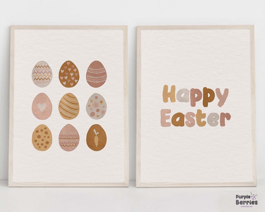 Set of 2 Happy Easter & Easter Eggs Printable Wall Art, Boho Nursery ...