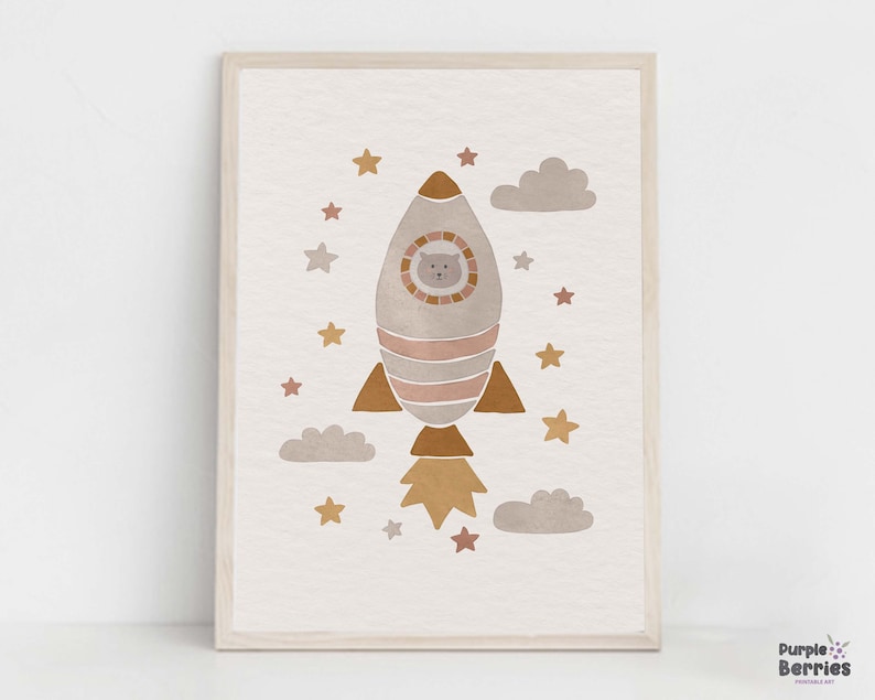 Boho Nursery Print, Cat in Space Rocket Wall Art, Gender Neutral Animal ...